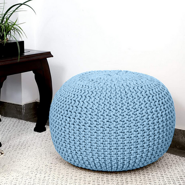 Hand-Knitted Blue Cotton Braided Ottoman Pouffe – Ottomans Australia